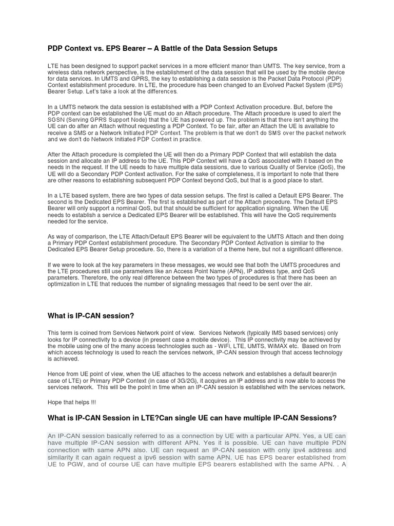 PDP Context vs. EPS Bearer - A Battle of The Data Session Setups | PDF ...