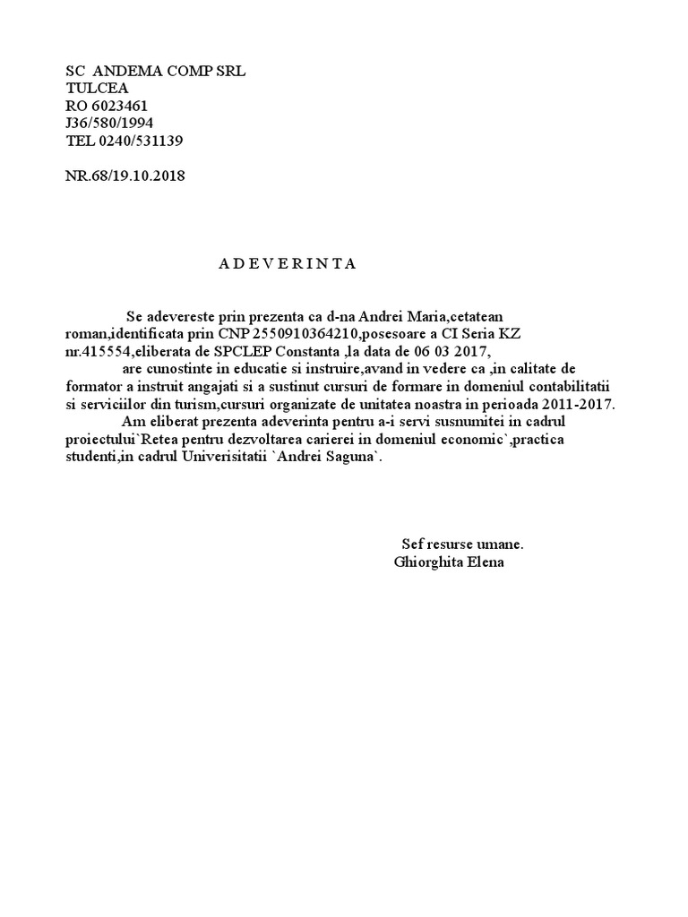 Adeverinta Andrei Maria SC ANDEMA.... Odt | PDF