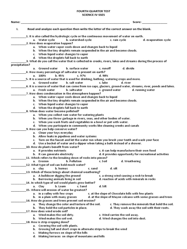 Understanding Water Cycles and Earth Systems: A Science Test on Key ...