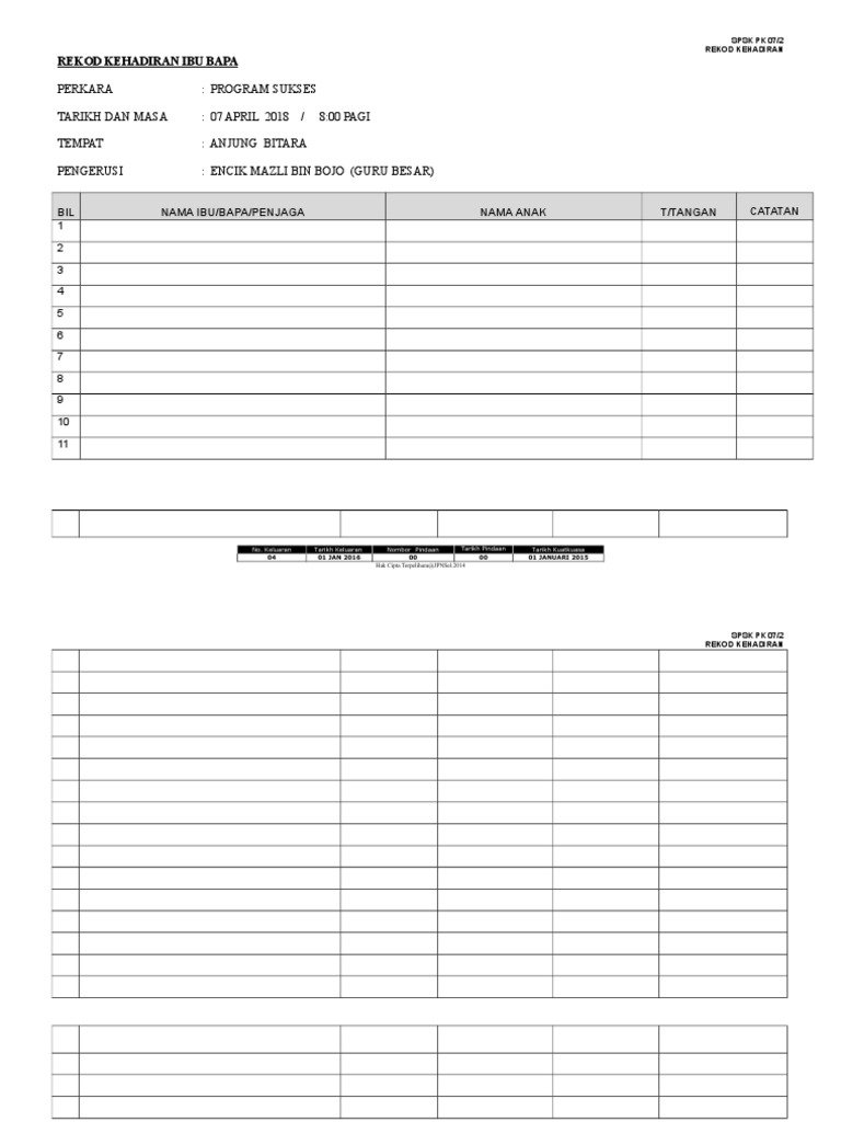 Spsk Pk07 2 Rekod Kehadiran Cakna Waris Pdf