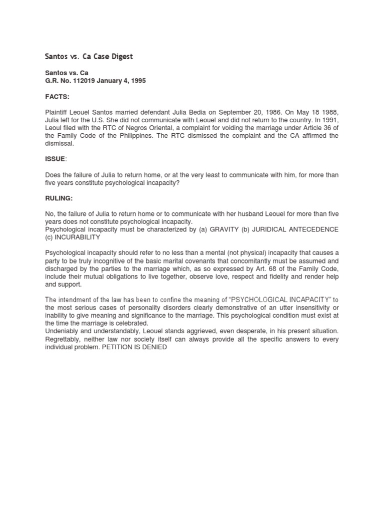 Santos Vs CA CASE DIGEST Psychological Incapacity | PDF