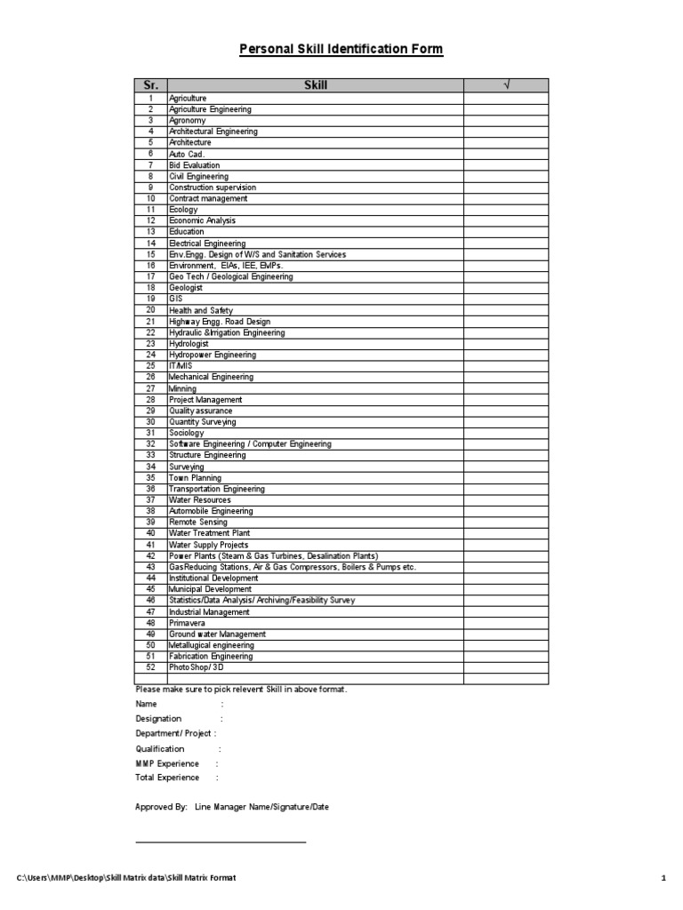 Skill Identification Form | PDF | Water And Politics | Engineering