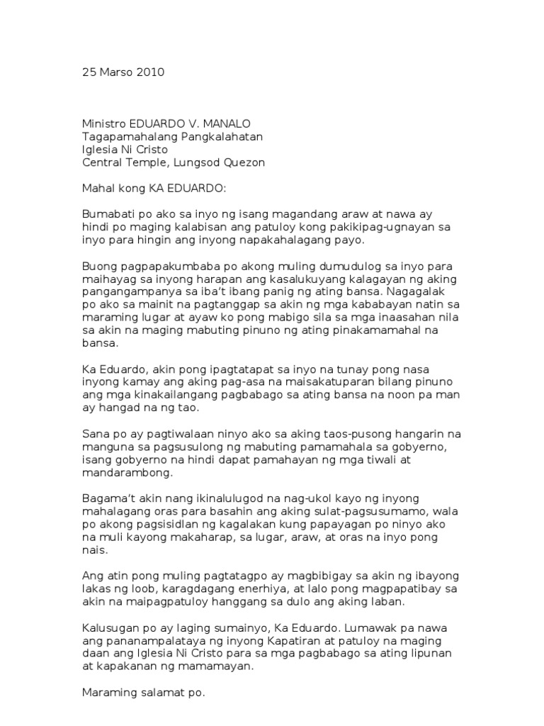 Liham NG Pangulo Kay Eduardo Manalo | PDF