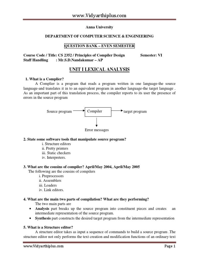 Unit I Lexical Analysis | PDF | Parsing | Implementation