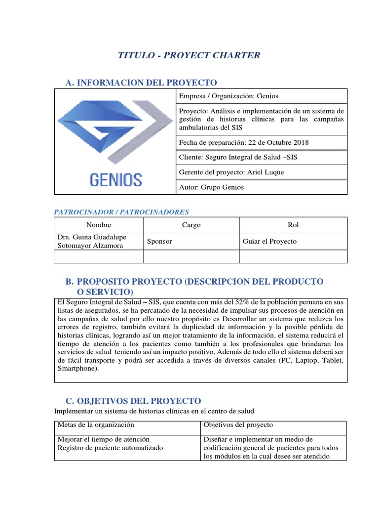 Proyect Charter Original | PDF | Software | Calidad (comercial)