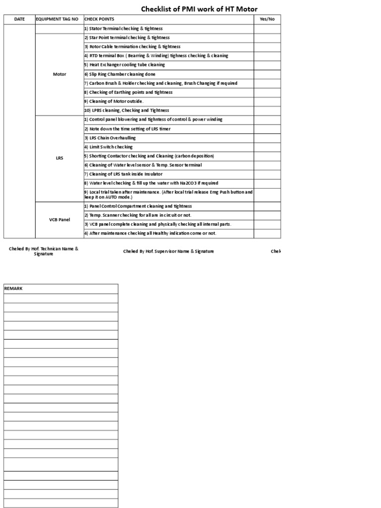 Checklist of HT Motor Maintenancexlsx | PDF | Electrical Components ...