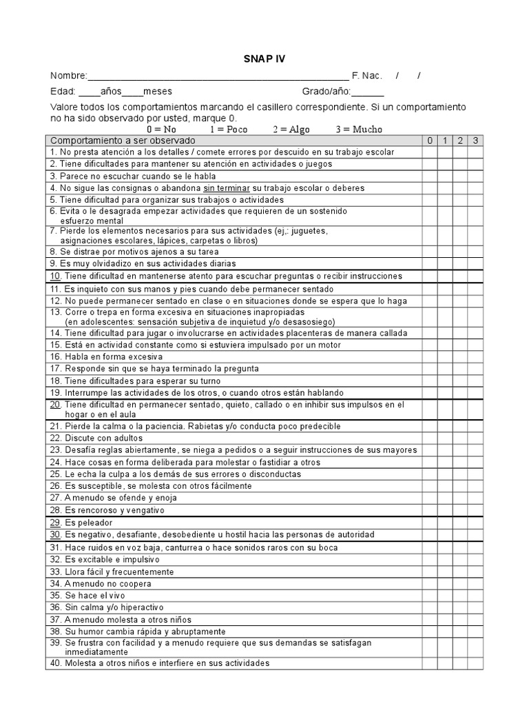 Evaluación SNAP IV para TDAH y ODD | PDF | Desorden hiperactivo y ...
