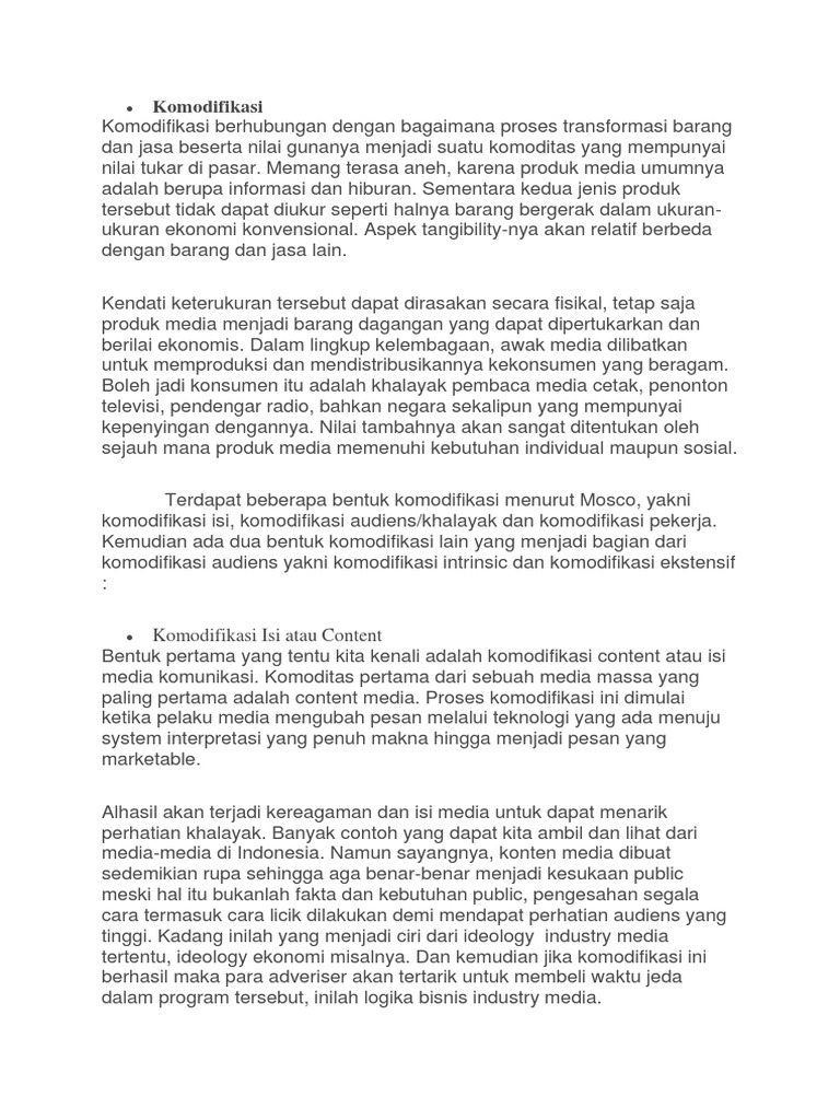 Komodifikasi Teori Vincent Mosco | PDF