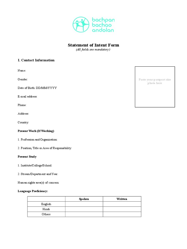 Statement of Intent Form: I. Contact Information | PDF