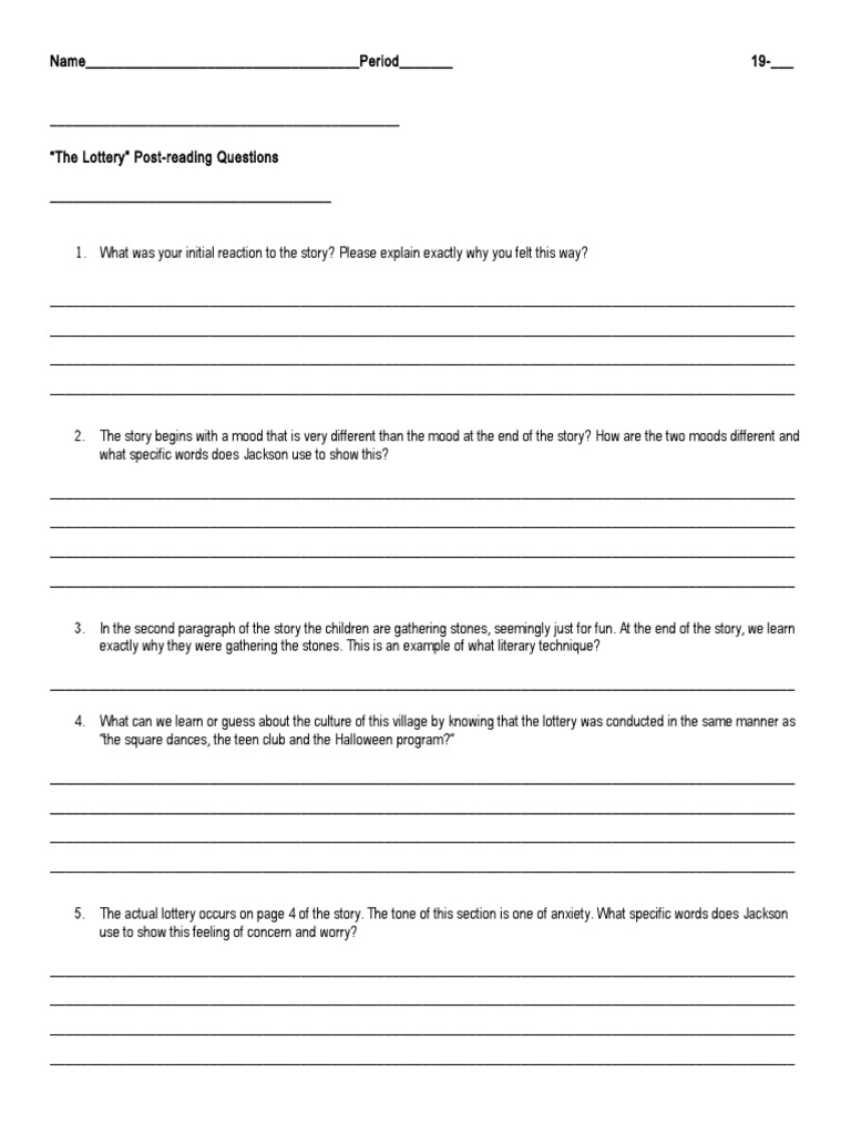 Lottery - Post-Reading Questions | PDF | Irony | Mood (Psychology)