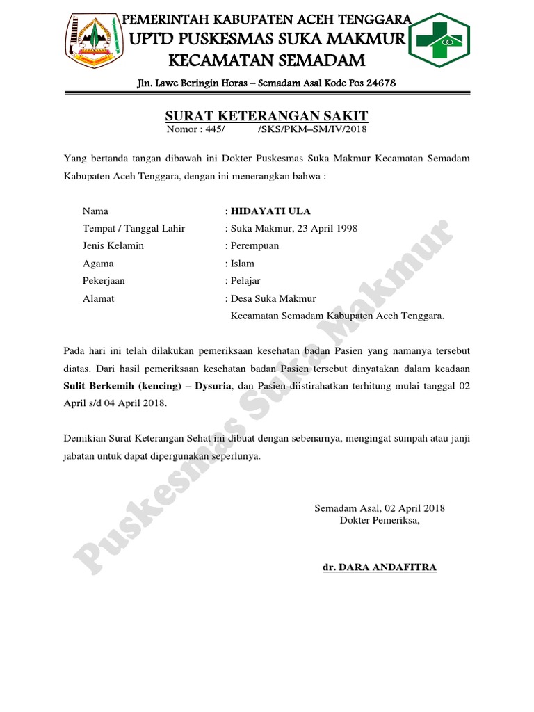 Surat Sakit Puskesmas | PDF