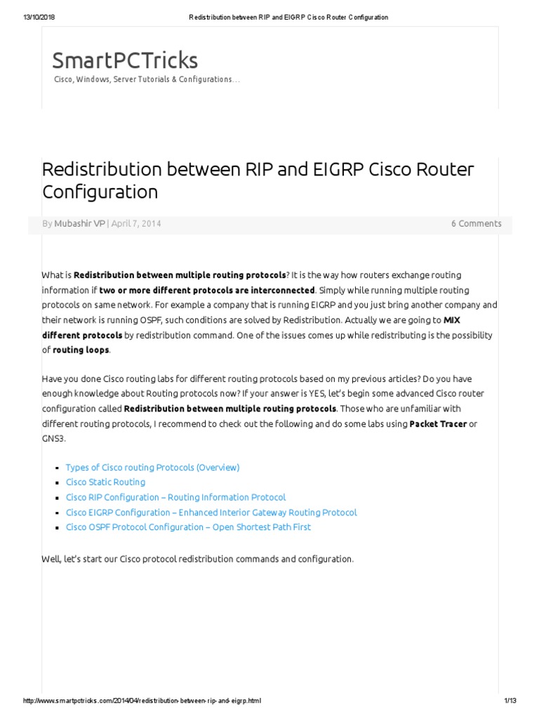 Redistribution Between RIP and EIGRP Cisco Router Configuration | PDF | Router (Computing) | Routing
