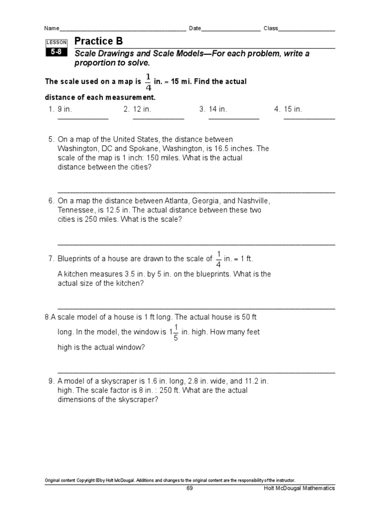 Practice B: Scale Drawings and Scale Models-For Each Problem, Write A ...