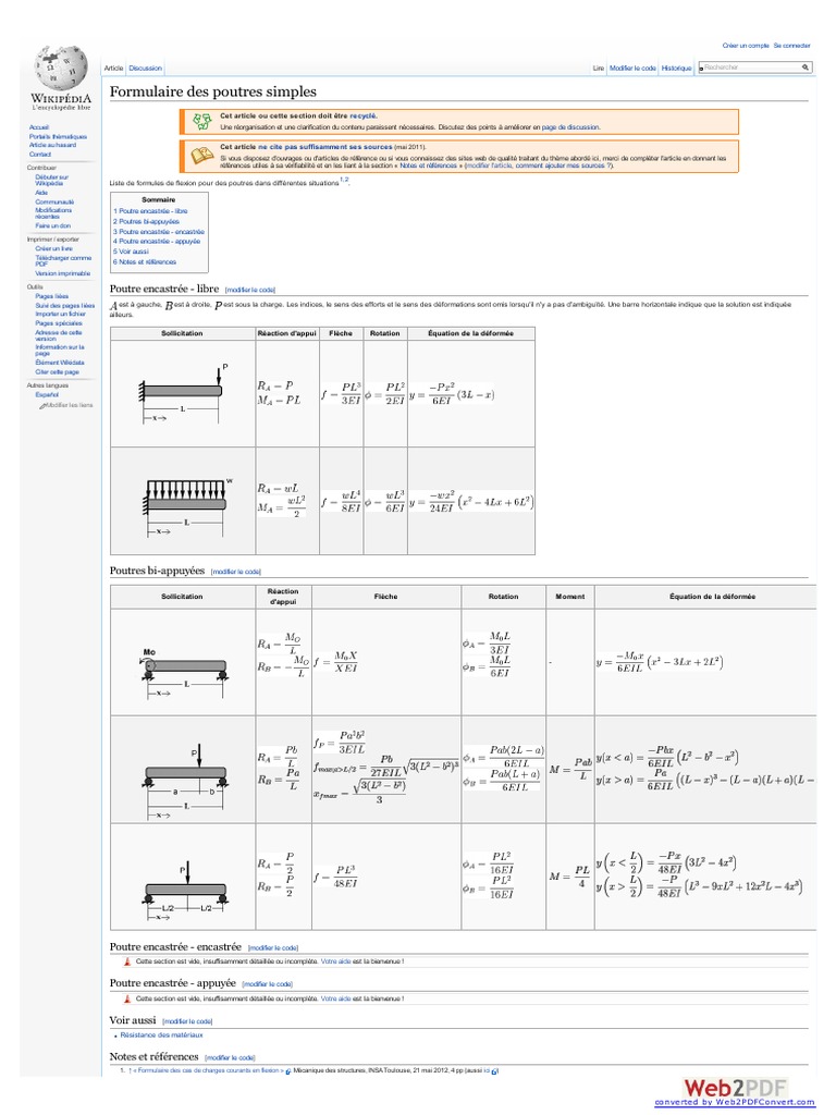 Formulaire Des Poutres Simples | PDF | Wikipédia | Flexion (matériau)