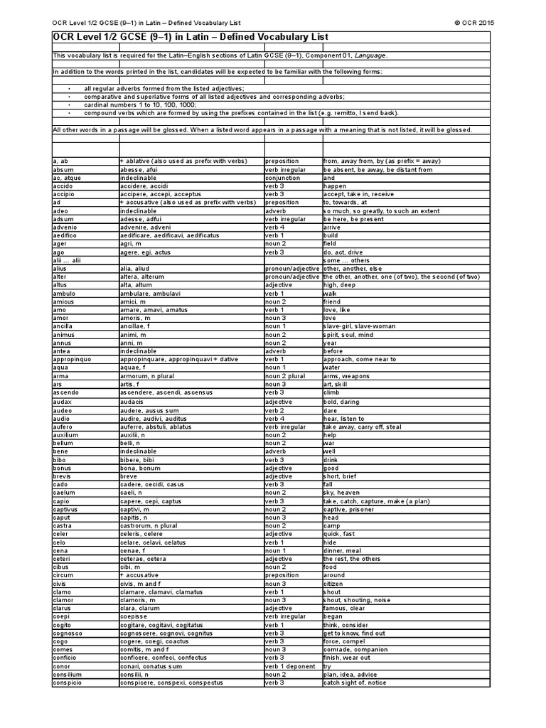 Gcse Latin j282 Defined Vocabulary List and Restricted Vocabulary List ...