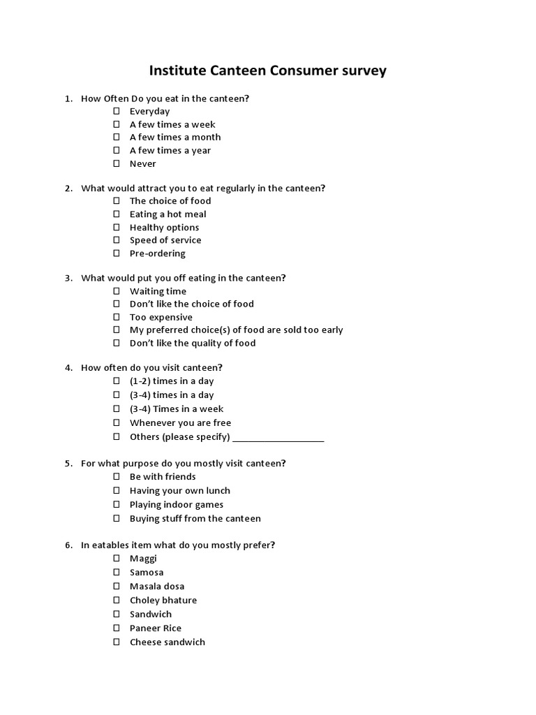 BRM Questionnaire | PDF | Cafeteria | Sandwich