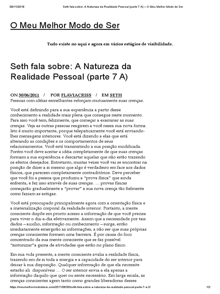 Seth Fala Sobre - A Natureza Da Realidade Pessoal (Parte 7 A) - O Meu ...