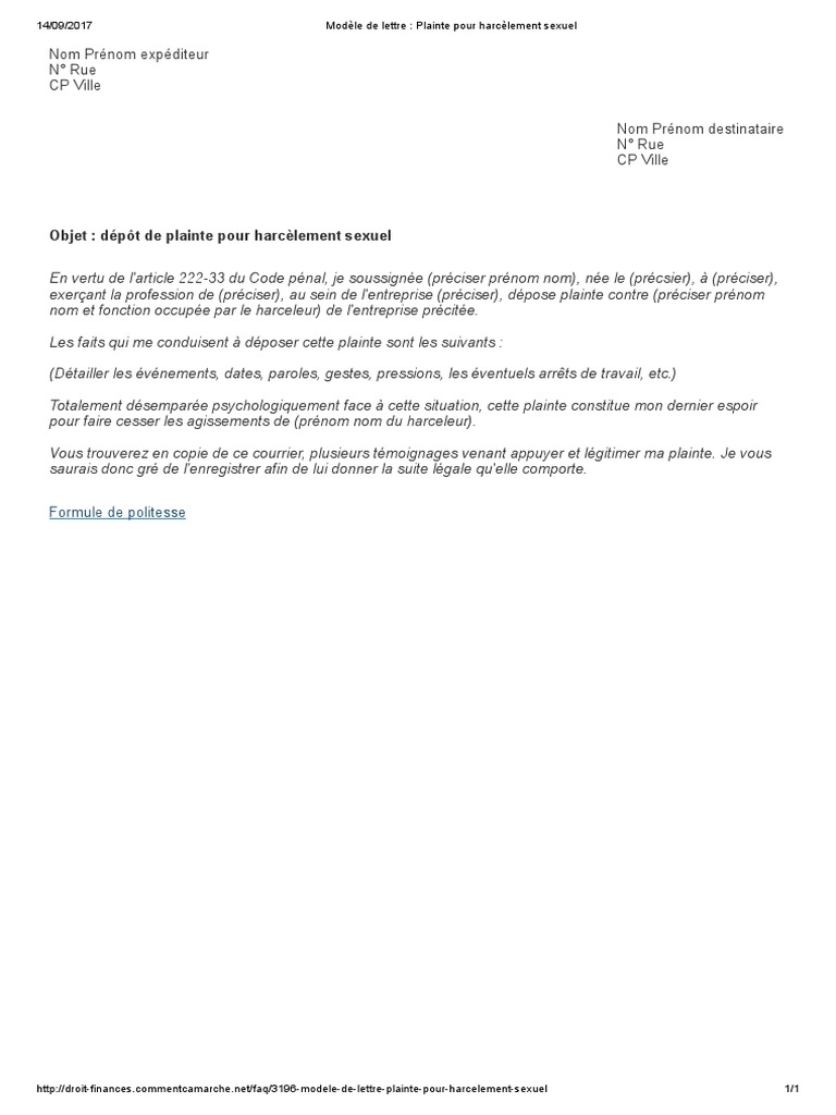 Modèle de Lettre - Plainte Pour Harcèlement Sexuel PDF | PDF