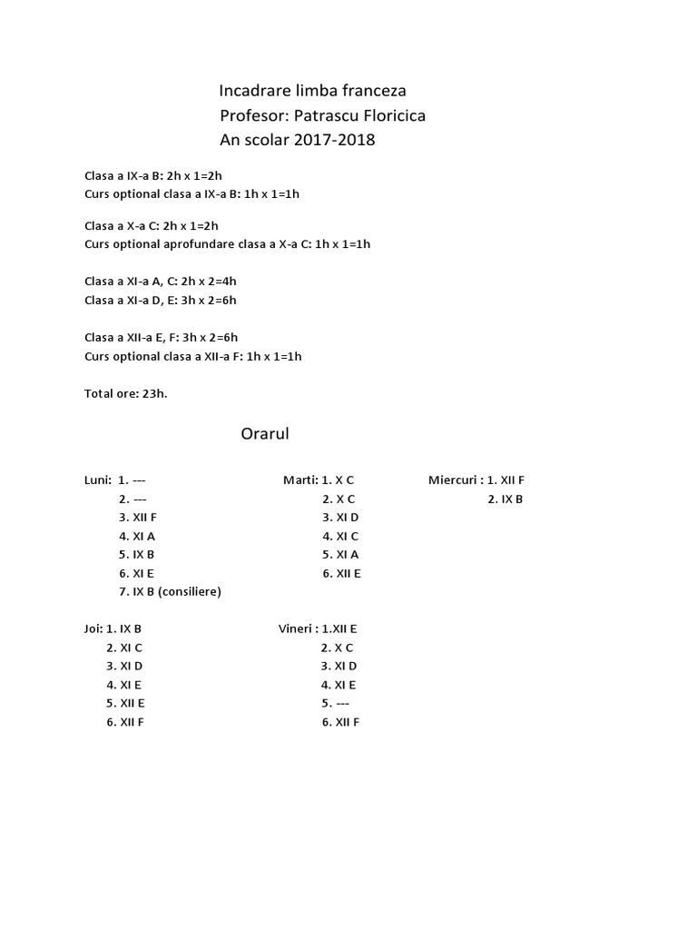 Incadrare Si Orar | PDF