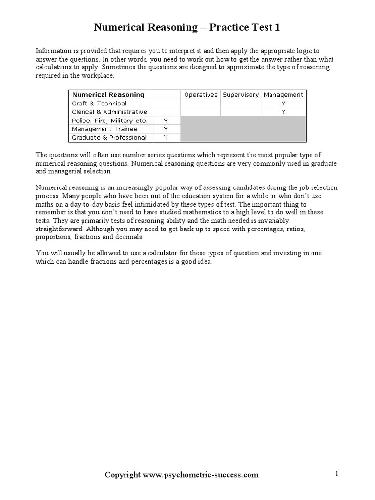 Psychometric Success Numerical Ability Reasoning Practice Test 1 | PDF ...