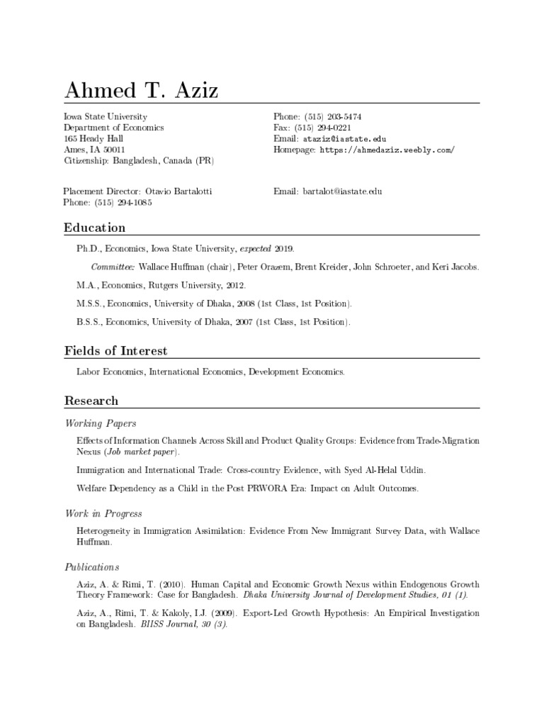 CV Ahmed Aziz | PDF | Immigration | Economics