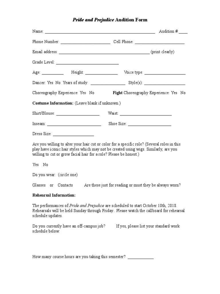 Pride and Prejudice Audition Form | PDF | Language Arts & Discipline