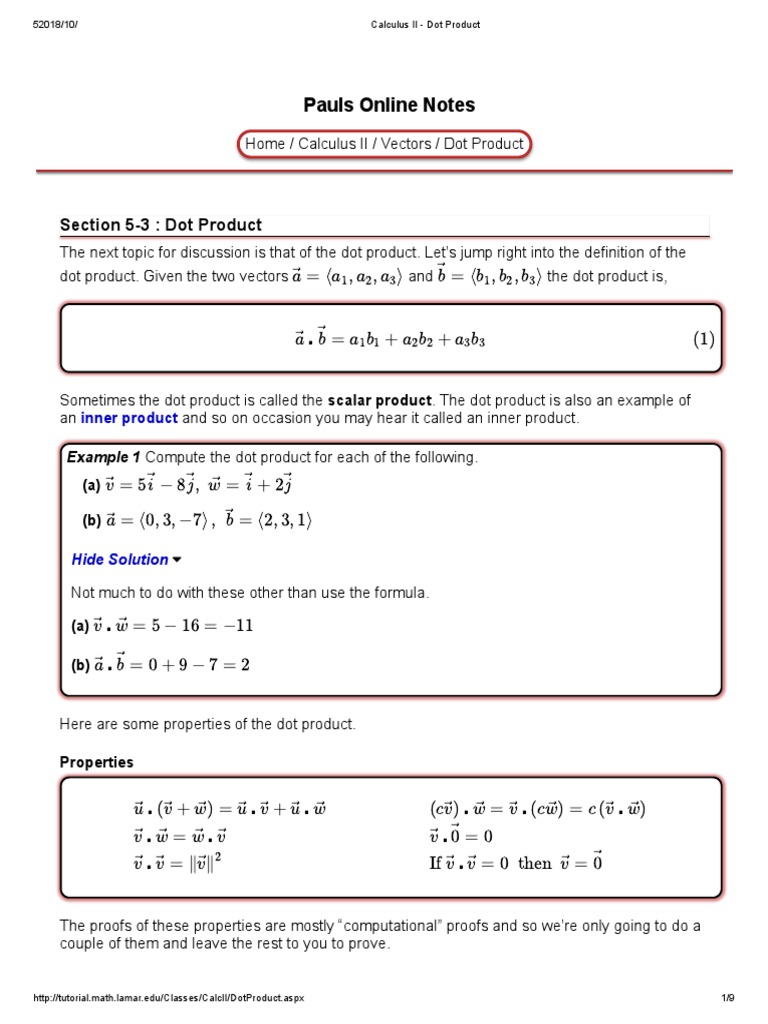 Calculus II - Dot Product | PDF | Trigonometric Functions | Euclidean ...