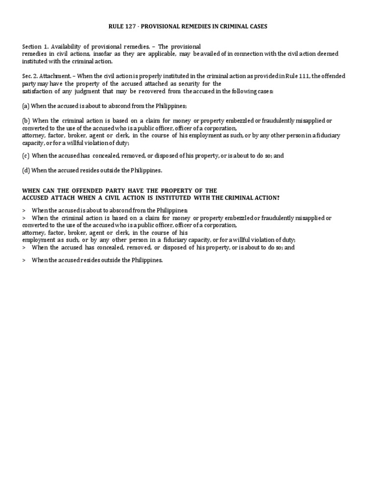 Rule 127 - Provisional Remedies in Criminal Cases | PDF