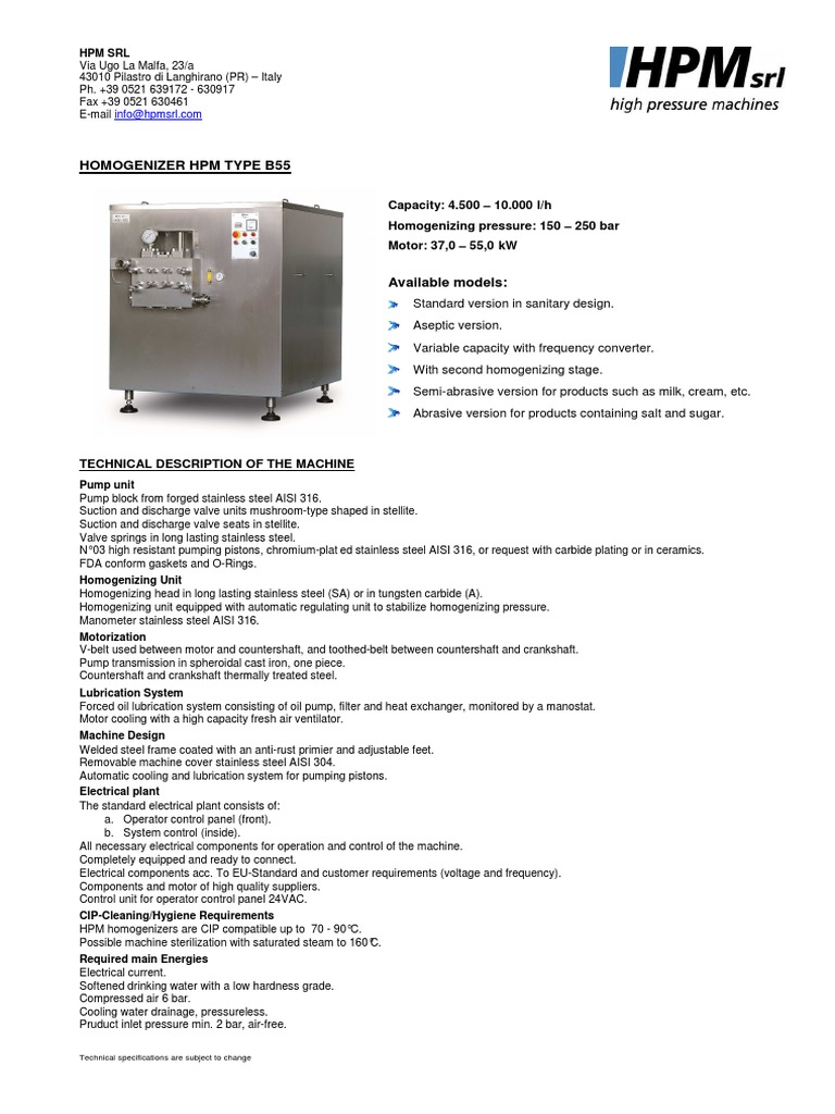 Homogenizer HPM Type B55 PDF | PDF | Point Of Sale | Pump