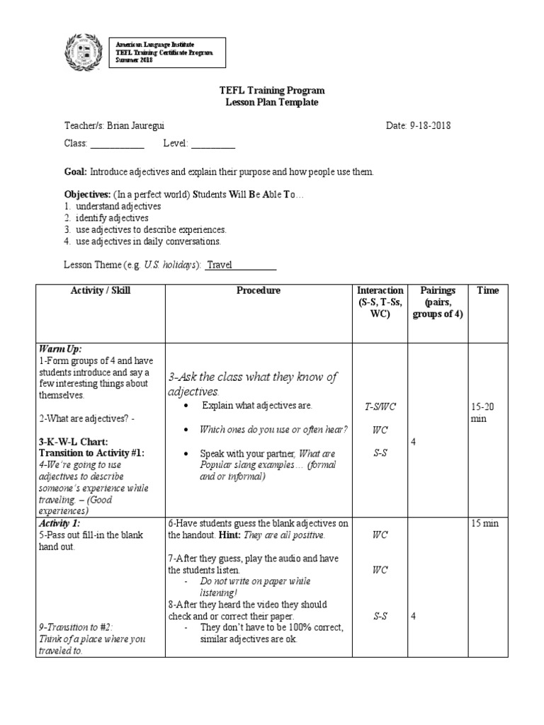 Tefl Lesson Plan 1 | PDF | Lesson Plan | Psychological Concepts