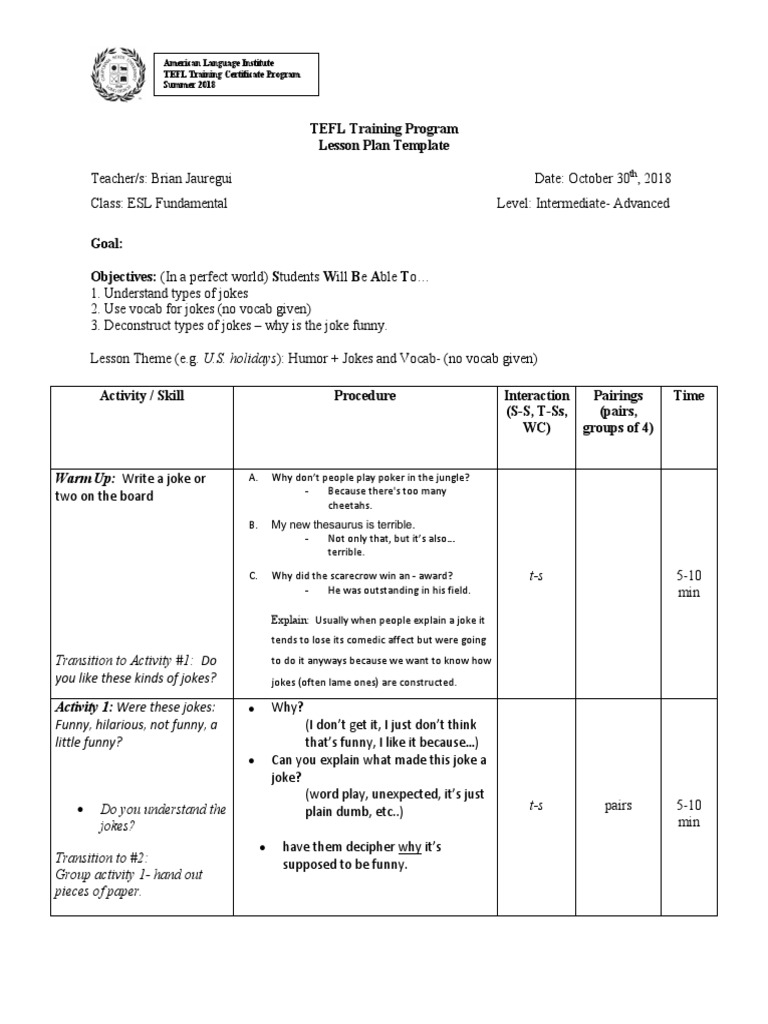 Tefl Lesson Plan 5 | PDF | Jokes | Communication