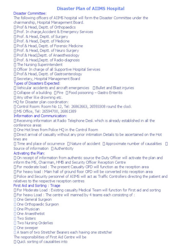 Aiims Hospital Disaster Plan | PDF | Emergency Department | Emergency ...