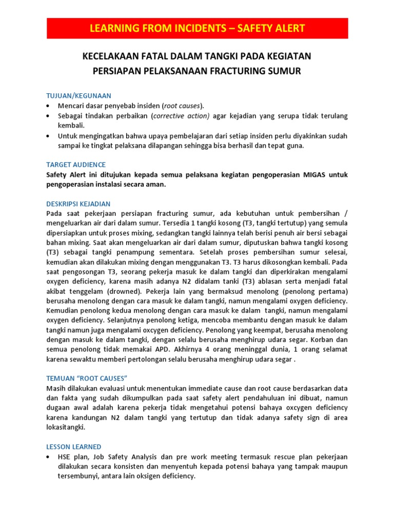 Safety Alert #10 - Kecelakaan Fatal Dalam Tangki | PDF