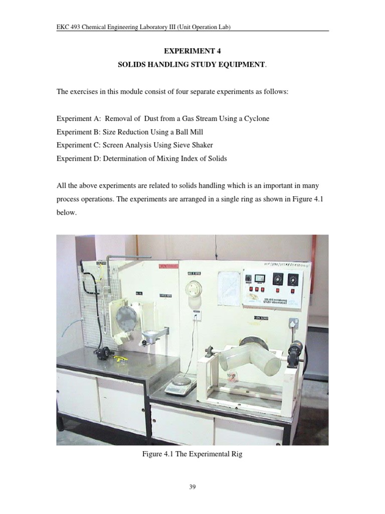 Solids Handling Lab Experiments | PDF | Mill (Grinding) | Physics
