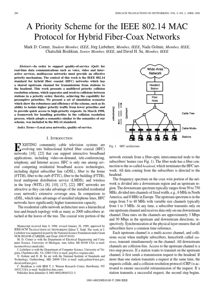 A Priority Scheme For The IEEE 802.14 MAC Protocol For Hybrid Fiber-Coax Networks | PDF | Fiber ...