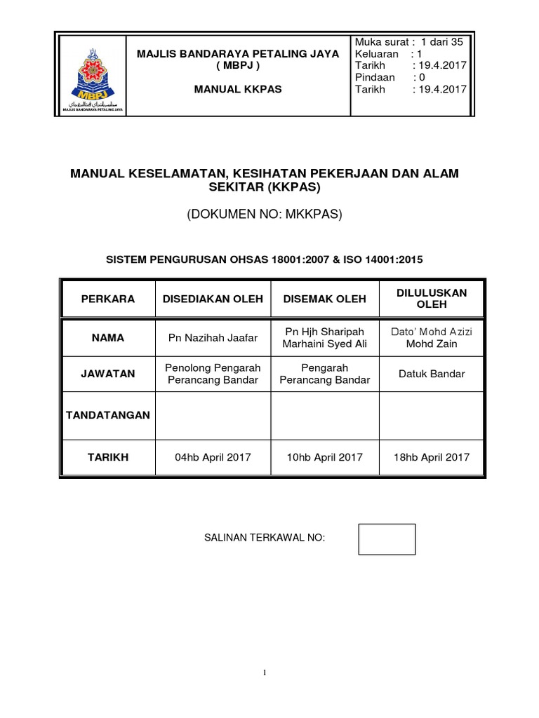 MKKPAS Manual Keselamatan, Kesihatan Pekerjaan Dan Alam Sekitar (KKPAS ...
