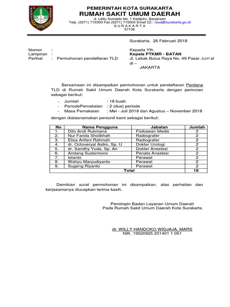 Surat Permohonan Pendaftaran TLD Ke BATAN - 2018 | PDF