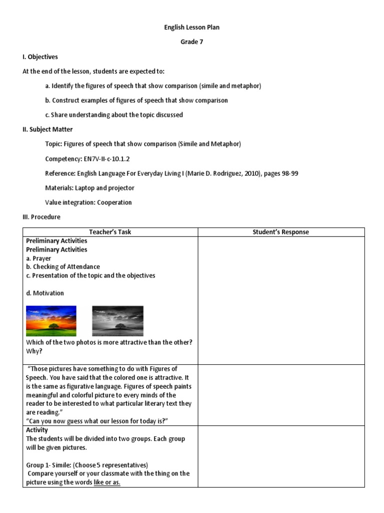 English 7 Lesson Plan | PDF | Metaphor | Lesson Plan