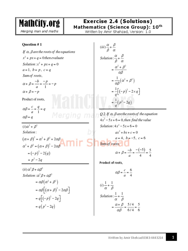 Important Notes of 10th Class Math Exercise 2.4 | PDF | Equations ...