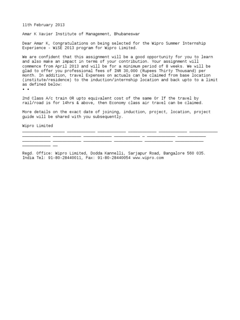 Wipro Offer Letter | Download Free PDF | Economies | Business