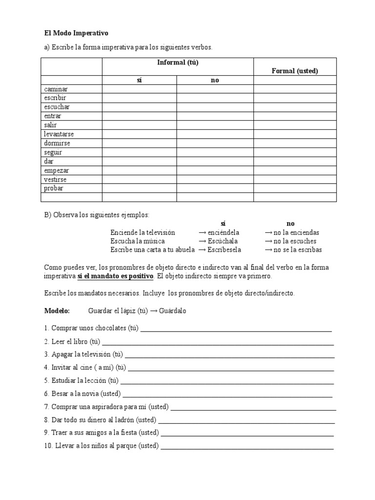 Mandatos Informales - Formales - Chart Con Pronombres | PDF