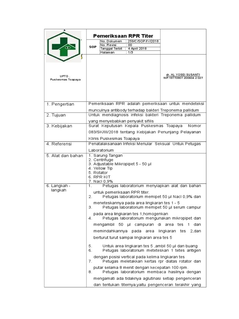 Prosedur Pemeriksaan Titer RPR Sifilis | PDF