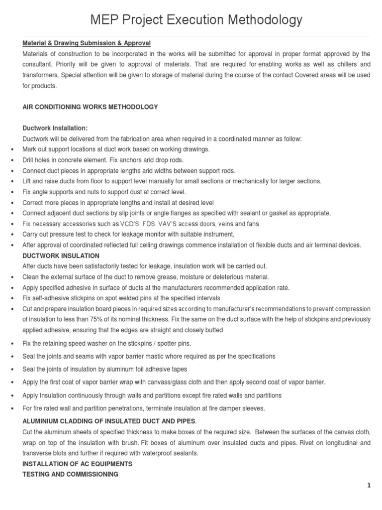 Method of Statement MEP | PDF | Duct (Flow) | Wall