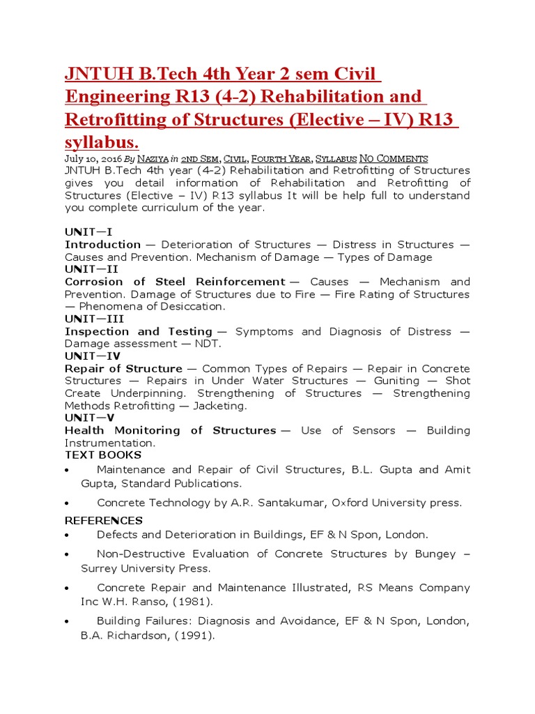 JNTUH B.Tech 4th Year 2 Sem Civil Engineering R13 (4-2) Rehabilitation ...