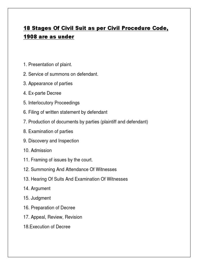 18 Stages of Civil Suit As Per Civil Procedure Code | PDF | Lawsuit | Discovery (Law)