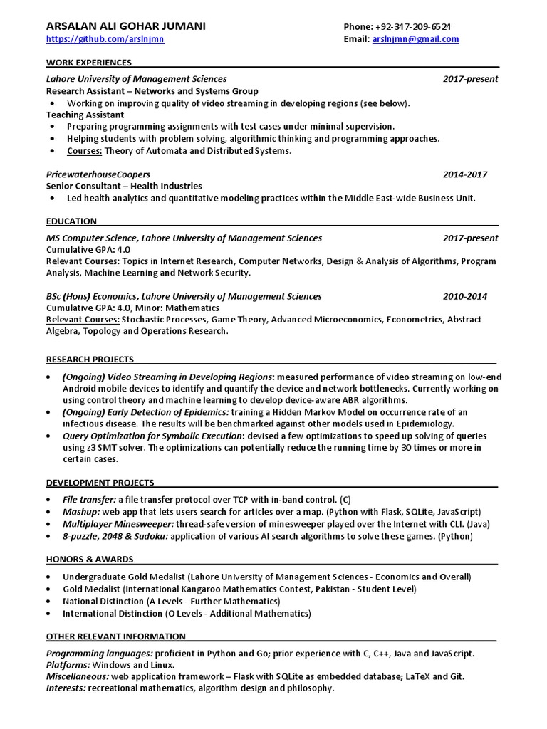 Arsalan Ali Gohar Jumani (Resume) | PDF | Operations Research | Machine Learning