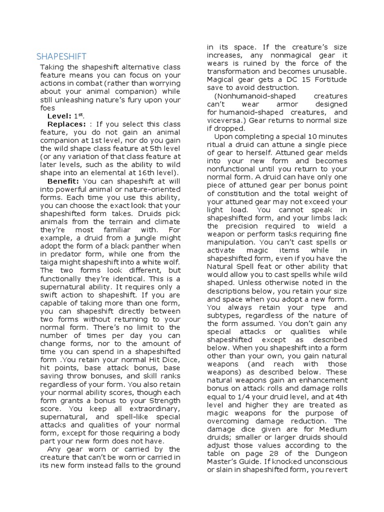 Shapeshift: Level: 1 Replaces:: If You Select This Class | PDF | Leisure