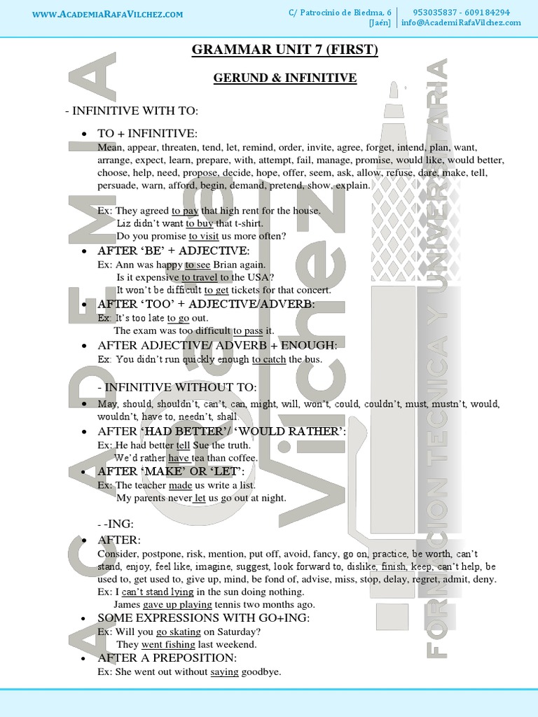 Grammar Unit 7 (First) : Gerund & Infinitive | PDF | Grammar | Syntax