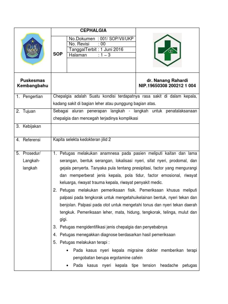 2 Sop Cephalgia | PDF | Pengembangan Diri | Kesehatan Holistik