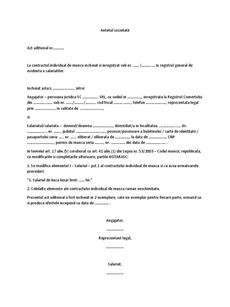 Model de act aditional pentru majorarea salariului minim brut pe economie